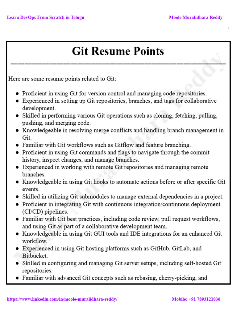 Git Resume Points - Moole Muralidhara Reddy - Telugu DevOps Guru | PDF | Version Control | Computing
