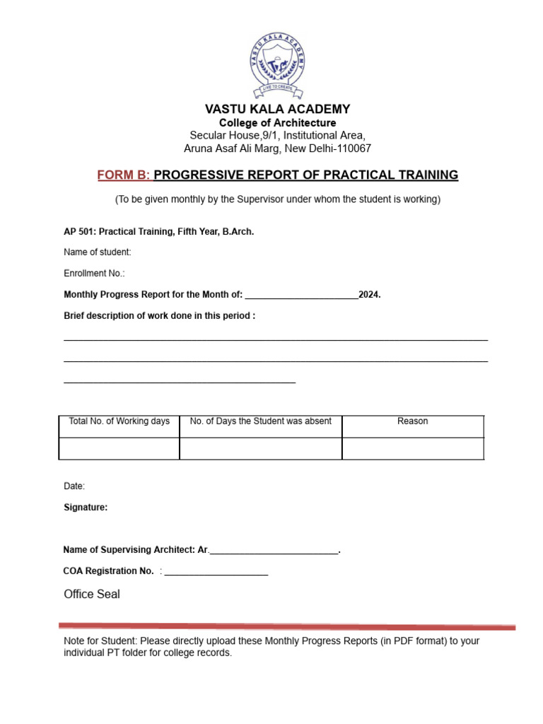 AP501 - PT - 2024-25 - FORM B - Practical Training Progressive Report | PDF