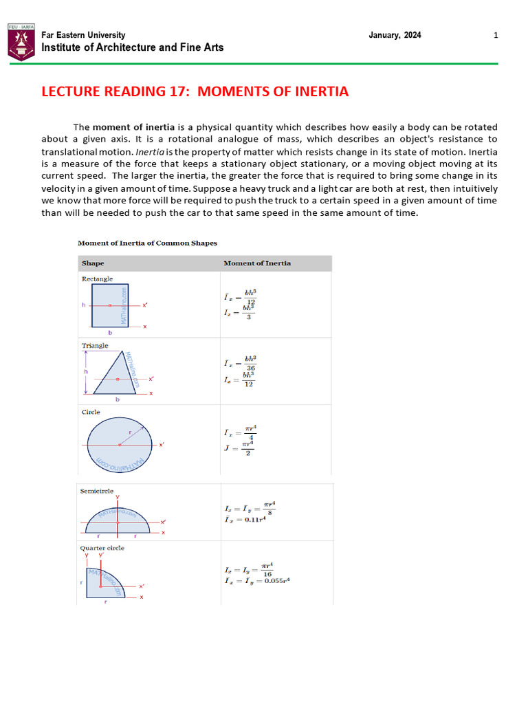 Lecture - Reading 17 - Moments of Inertia | PDF