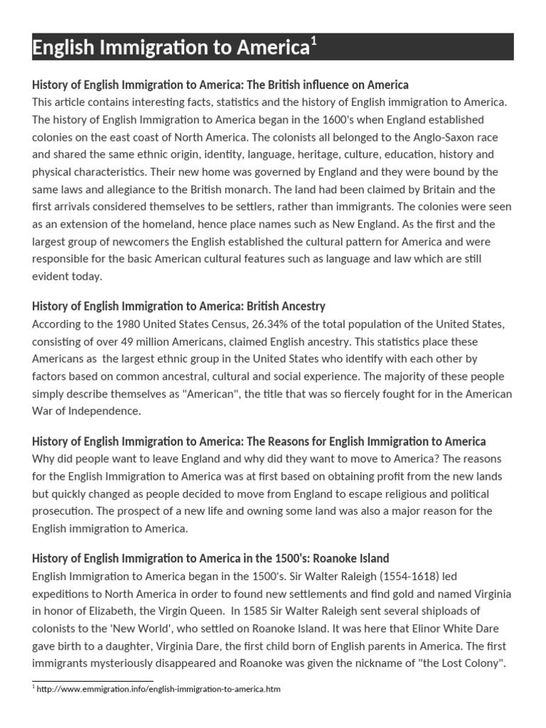 English Immigration to America History | PDF | Roanoke Colony ...