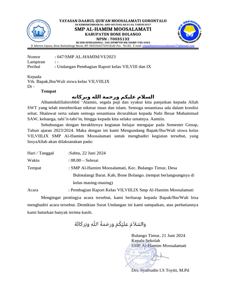 Surat Undangan Penerimaan Raport | PDF