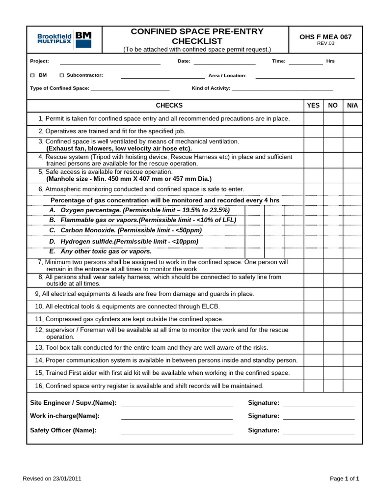Checklist - Confined Space Pre-Entry Checklist | PDF | Occupational ...