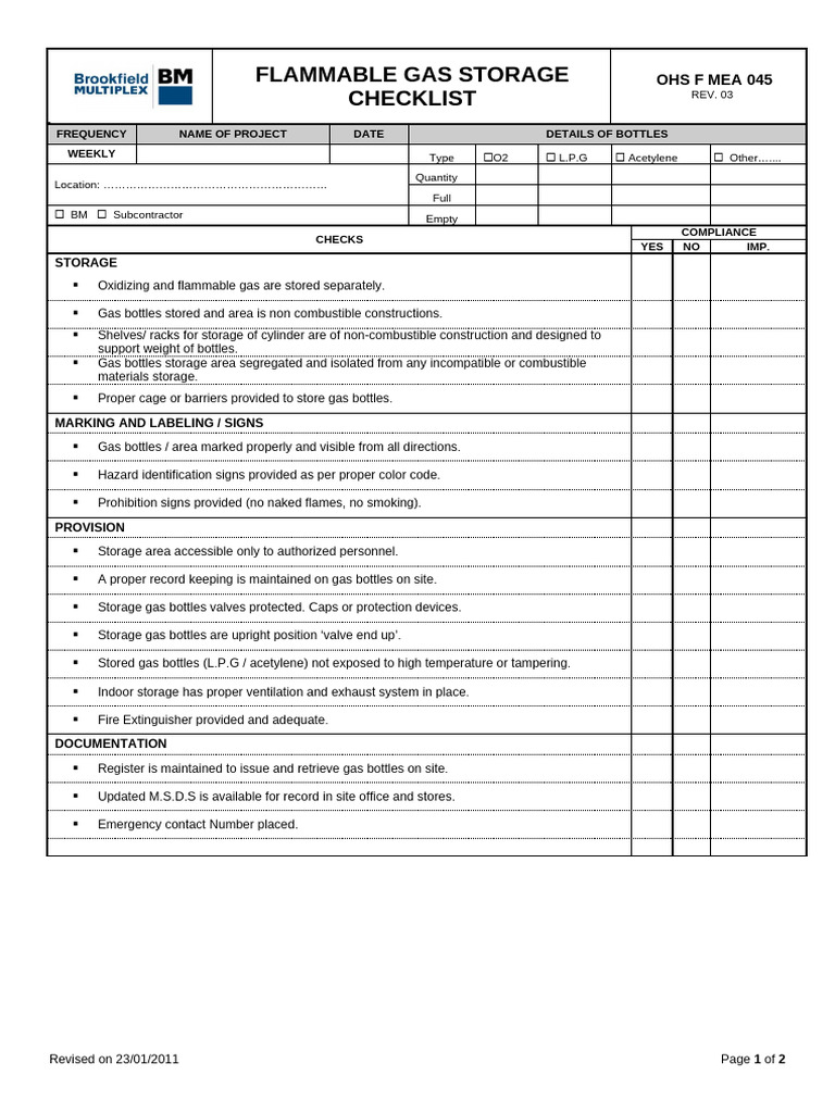 Flammable Gas Storage Compliance Checklist | PDF