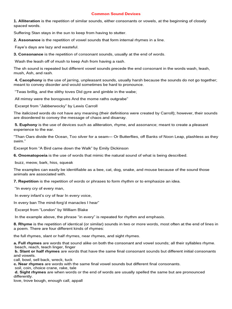 Common Sound Devices | PDF | Rhyme | Linguistics