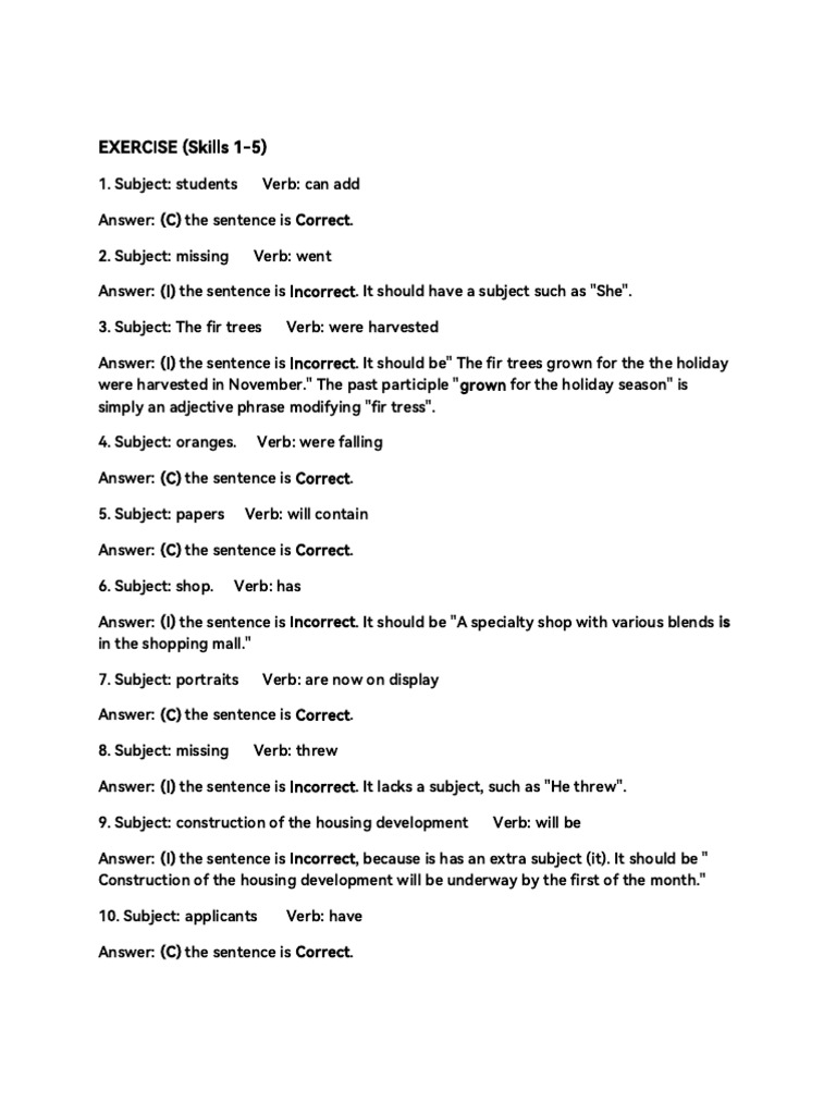 Sentence Structure Exercise Answers | PDF