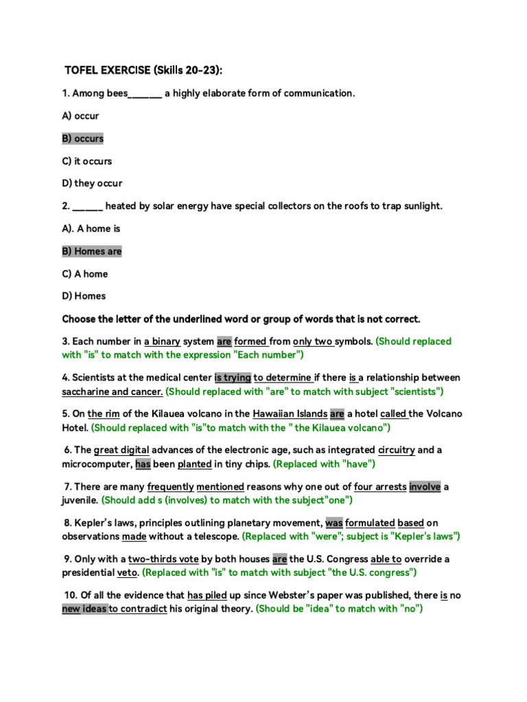 TOEFL Grammar Exercise Answers | PDF