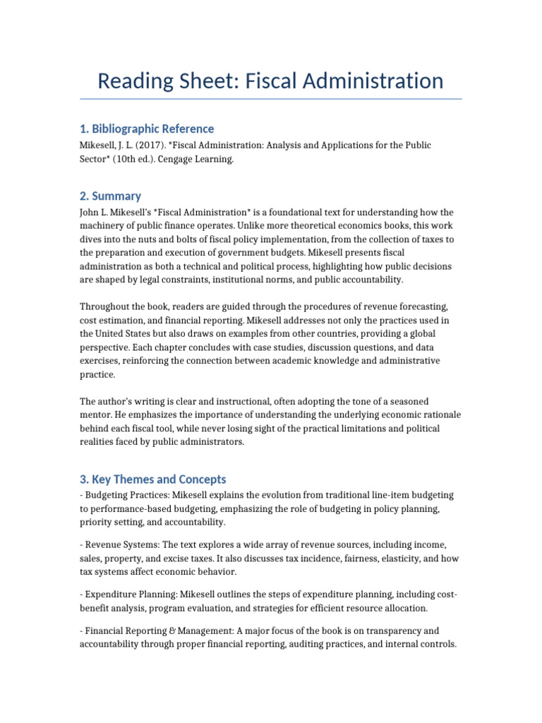 Reading Sheet Fiscal Administration Mikesell Extended | PDF | Public ...