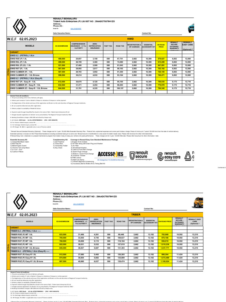 Renault Price List Wef Whiteboard | PDF | Payments | Motor Vehicle