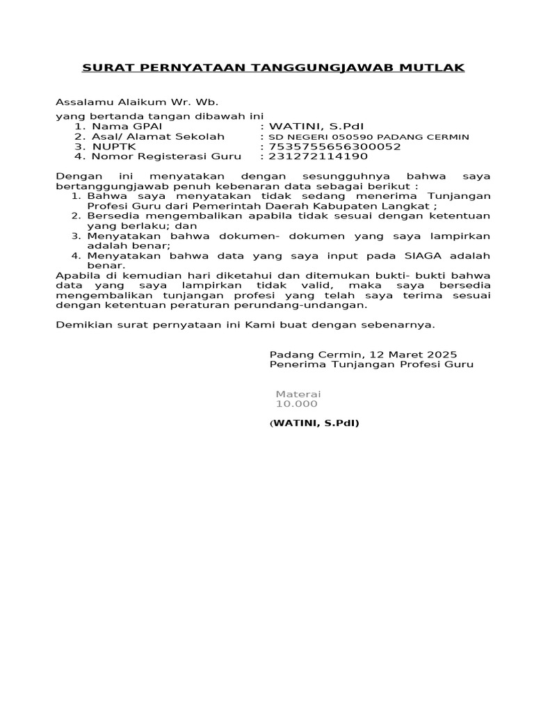 Surat Pernyataan Tanggungjawab Watini | PDF