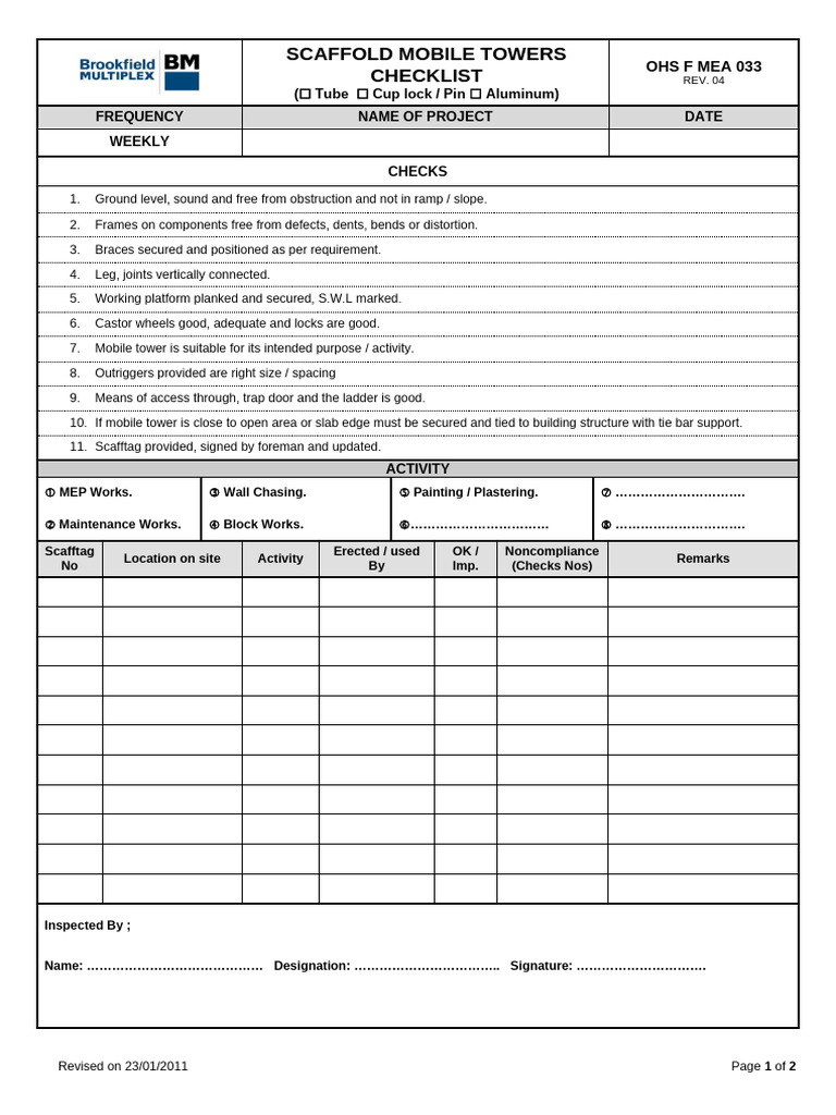 Checklist - Scaffold Mobile Tower | PDF | Scaffolding | Manufactured Goods
