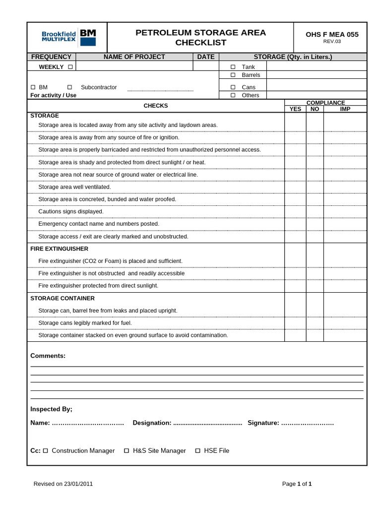Checklist - Petroleum Storage Area | PDF