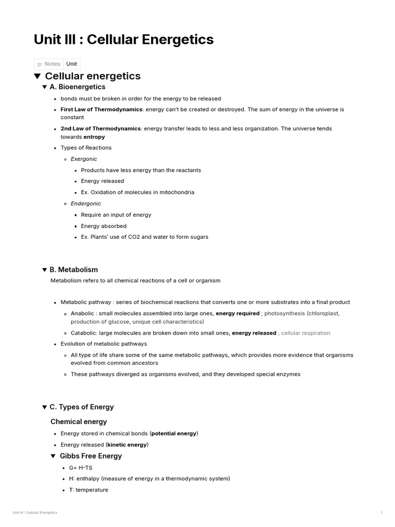 Unit III Cellular Energetics | PDF | Adenosine Triphosphate | Cellular ...