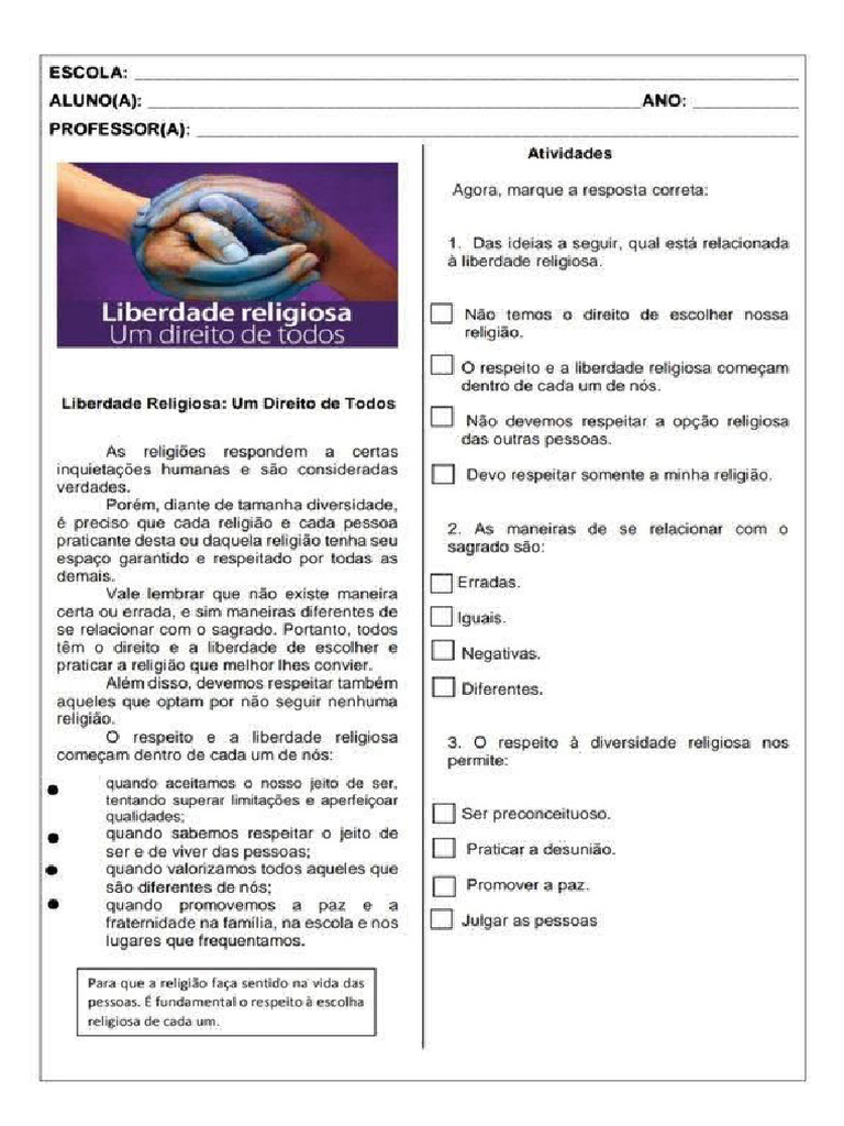 Atividade LIBERDADE RELIGIOSA | PDF