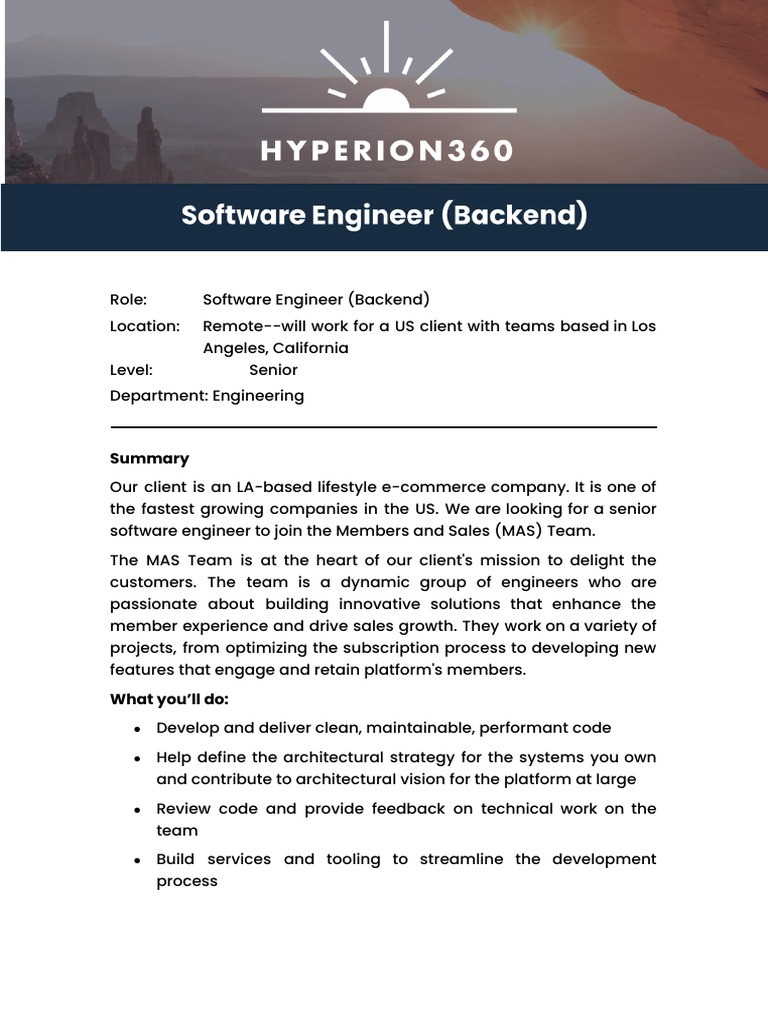 Hyperion360 - Sr. Software Engineer (Backend) FF | PDF | Software | Scalability
