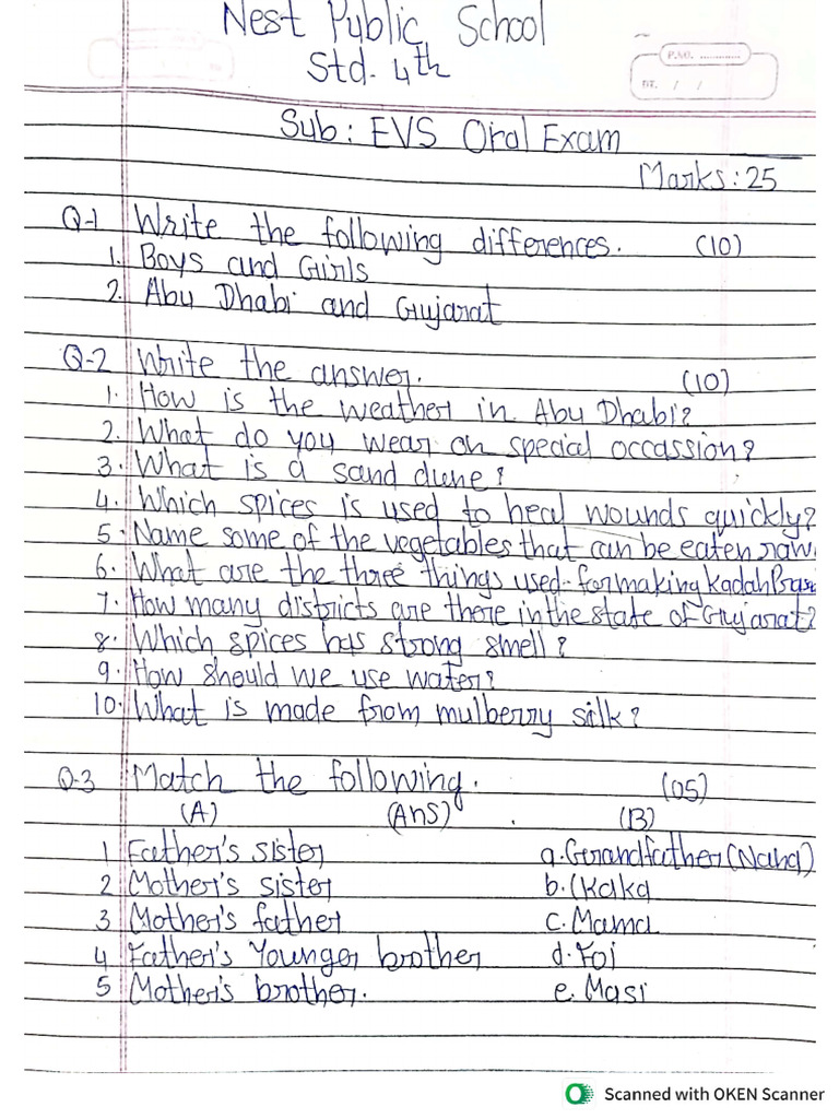 STD 4th EVS Oral Exam Paper Sem 2 | PDF