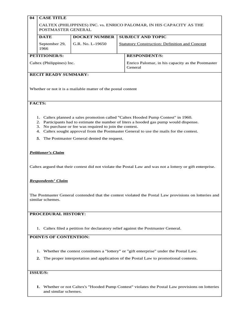 Caltex Phils Vs Palomar G.R. No. 19650, September 29, 1966 | PDF | Statutory Interpretation ...