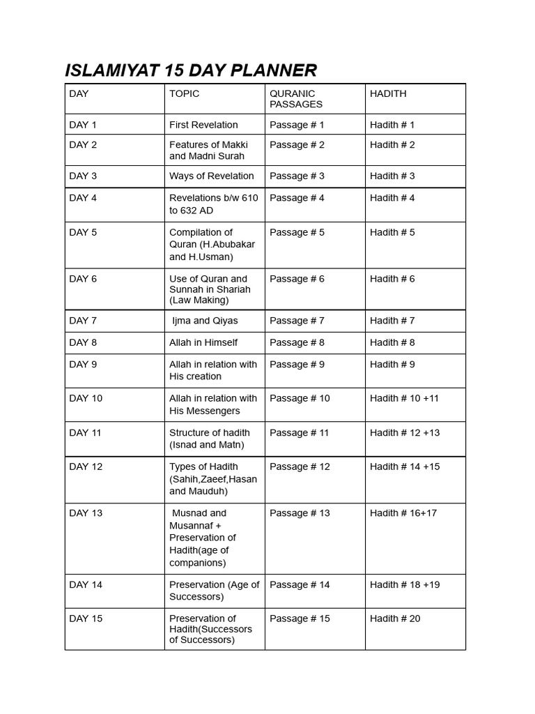 15-Day Islamiyat Study Planner | PDF