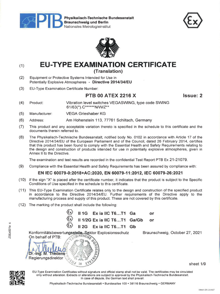 PTB 00 Atex 2216-X | PDF