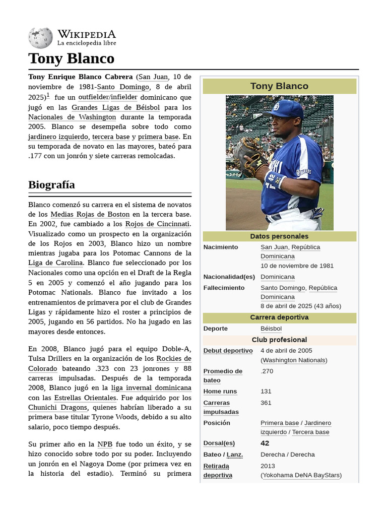 Biografía de Tony Blanco, beisbolista dominicano | PDF | Juegos de ...