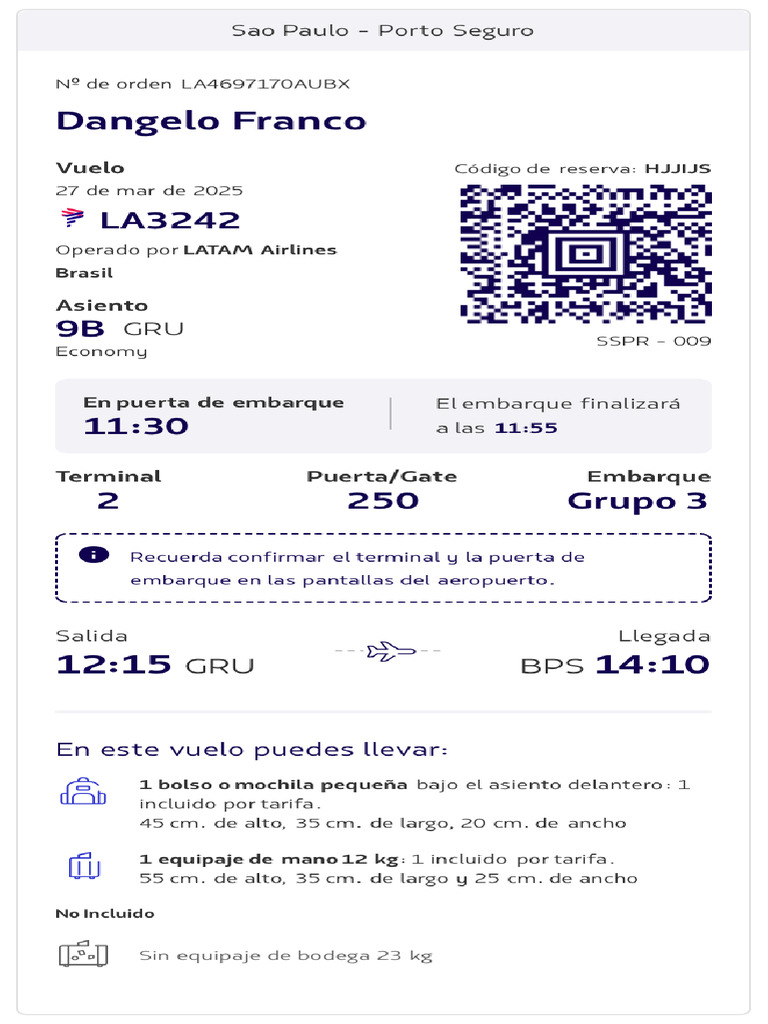 Tarjeta de Embarque Dangelo F LA3242 2 | PDF