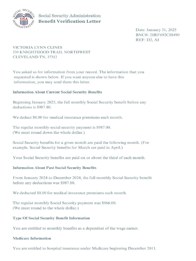 SSA Benefit Verification Letter January 2025 | PDF