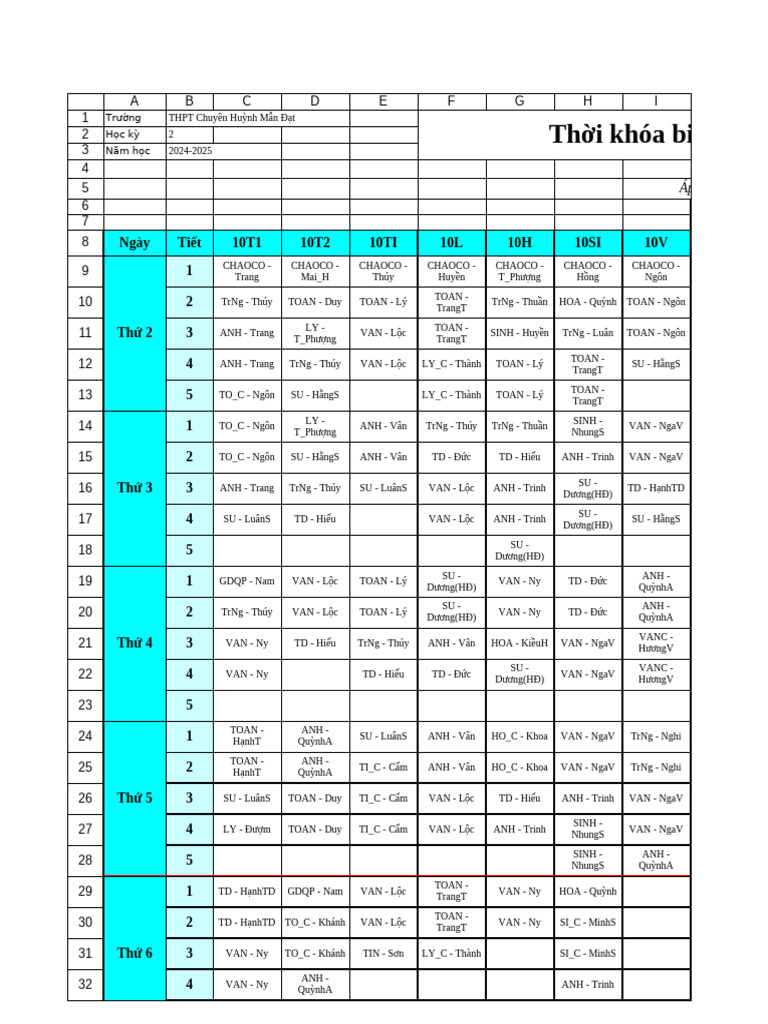 1 TKB BUỔI SÁNG 20012025 - HK2 - Từ Tuần 20 | PDF