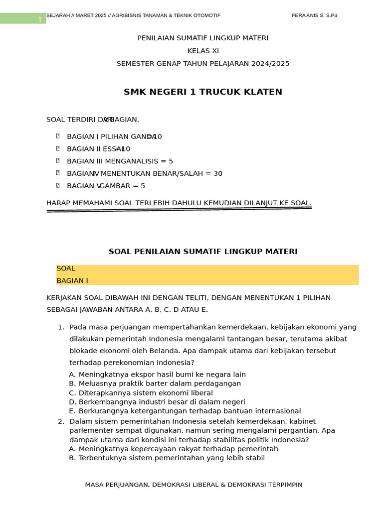 KELAS XI - SOAL & LEMBAR JAWAB PENILAIAN SUMATIF LINGKUP MATERI - GENAPp | PDF