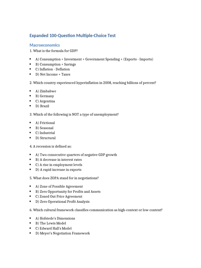 Expanded 100 Question Test | PDF | Recession | Consumption (Economics)