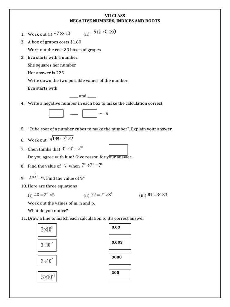 Negative Numbers and Indices Worksheet | PDF
