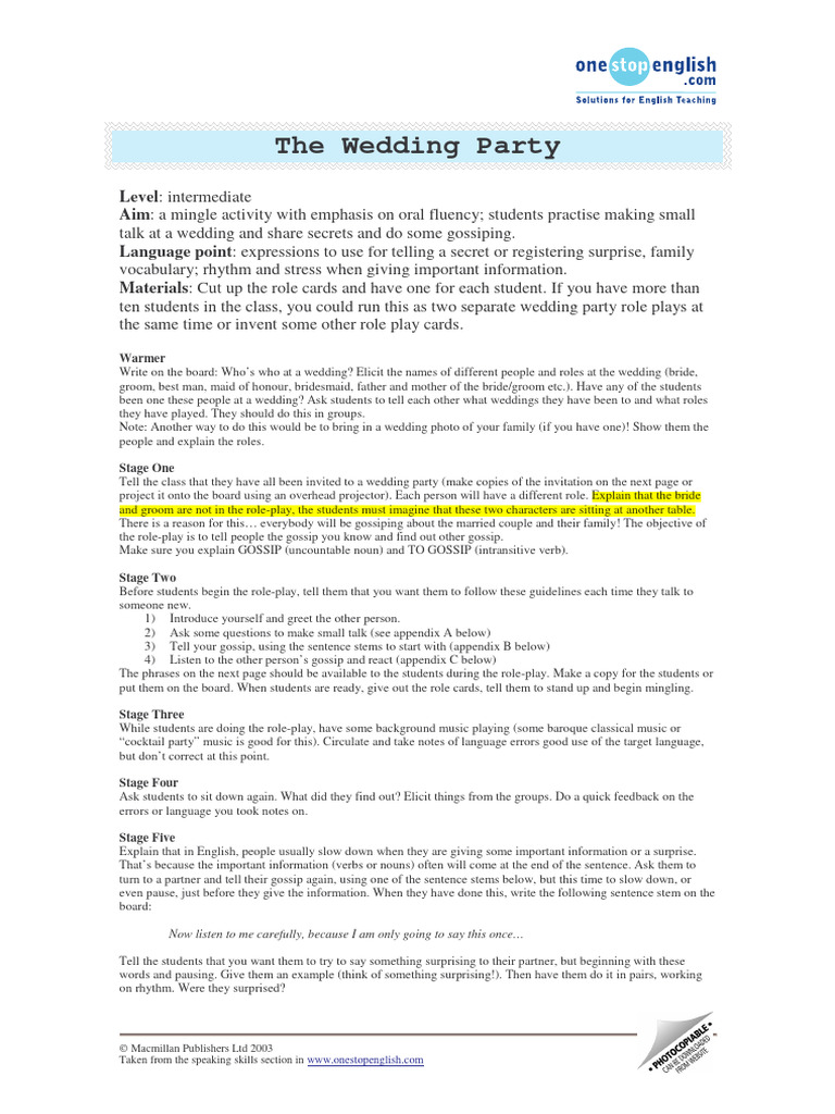 Teachingspeaking Wedding | PDF | Bridesmaid | Linguistics