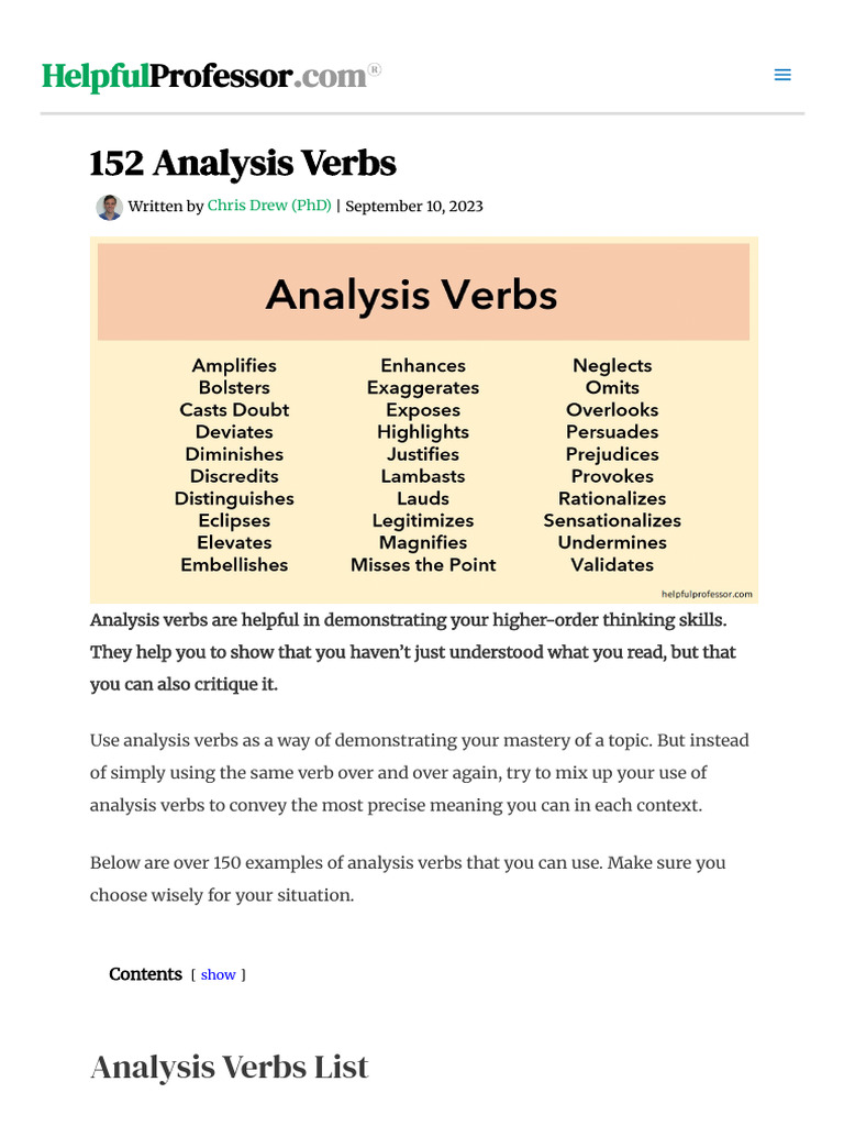 Comprehensive List of Analysis Verbs | PDF | Evidence | Theory