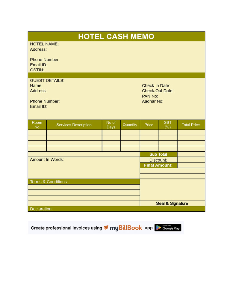 Hotel Cash Memo Template | PDF