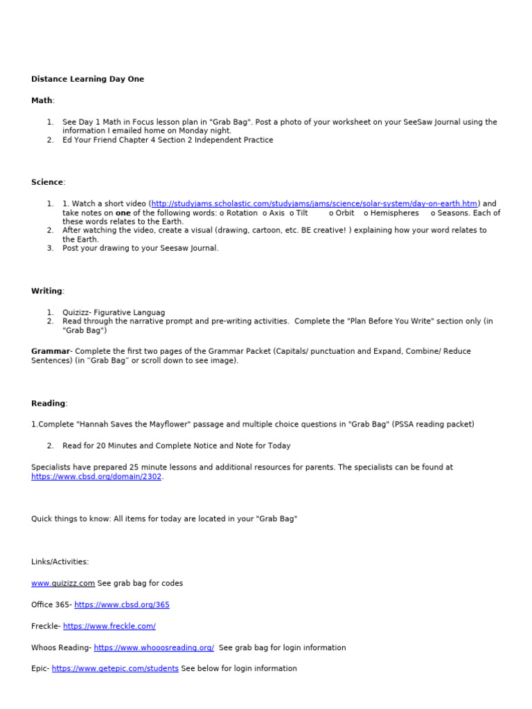 Day One Distance Learning Activities | PDF
