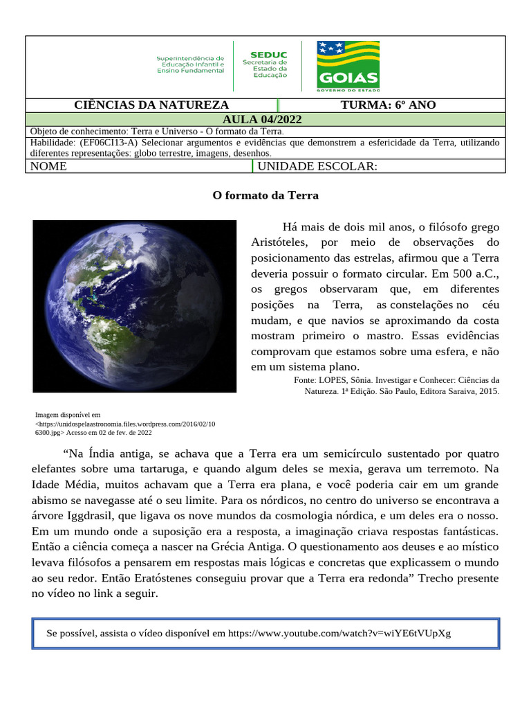 Aula 4 - 6º CIE - O Formato Da Terra - Professor | PDF | Terra | Mapa