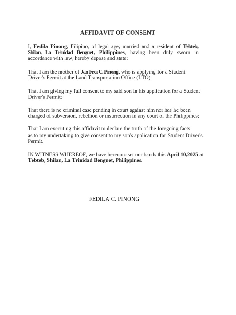 Affidavit of Parental Consent | PDF