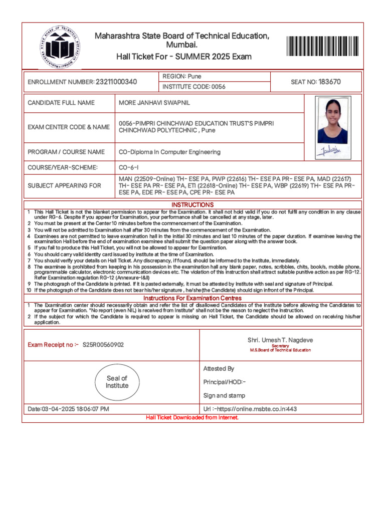 janhavi 2025 hallticket | PDF