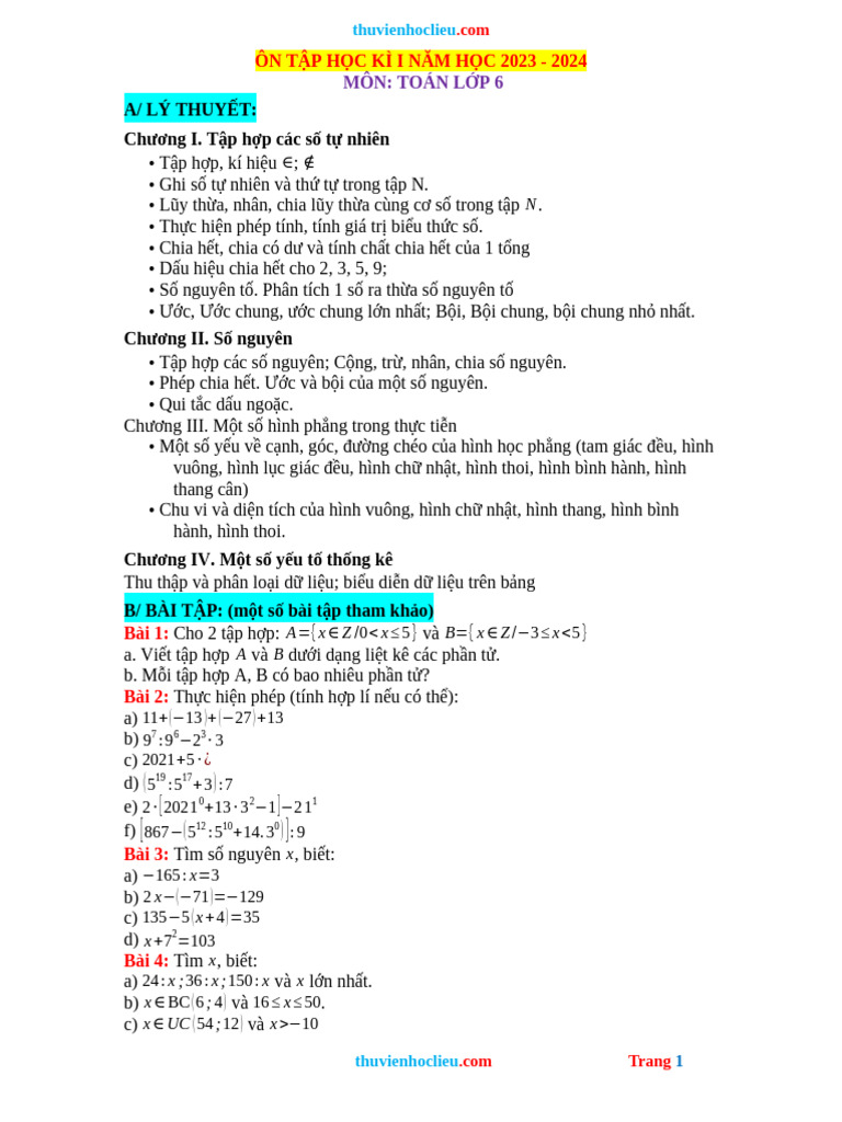 He-thong-cac-bai-tap-on-tap-HK1-Toan-6-CTST | PDF