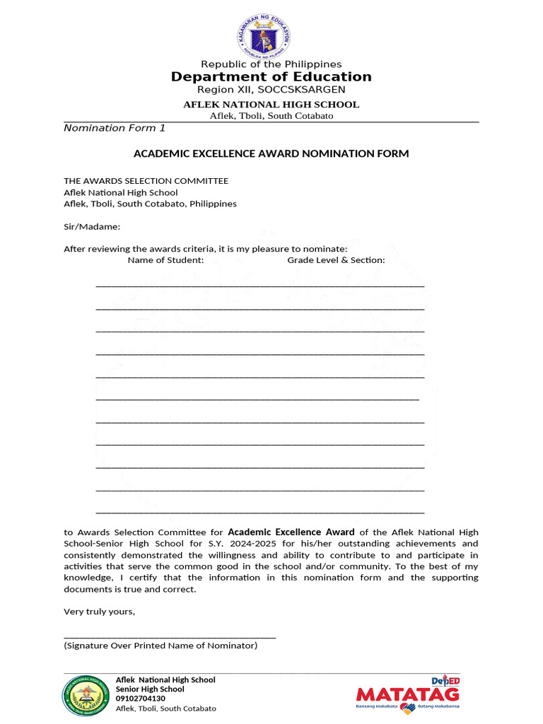 Academic Excellence Award Nomination Form | PDF