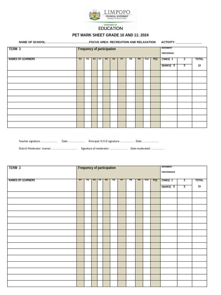 Grade 10-11 PET Mark Sheet 2024 | PDF