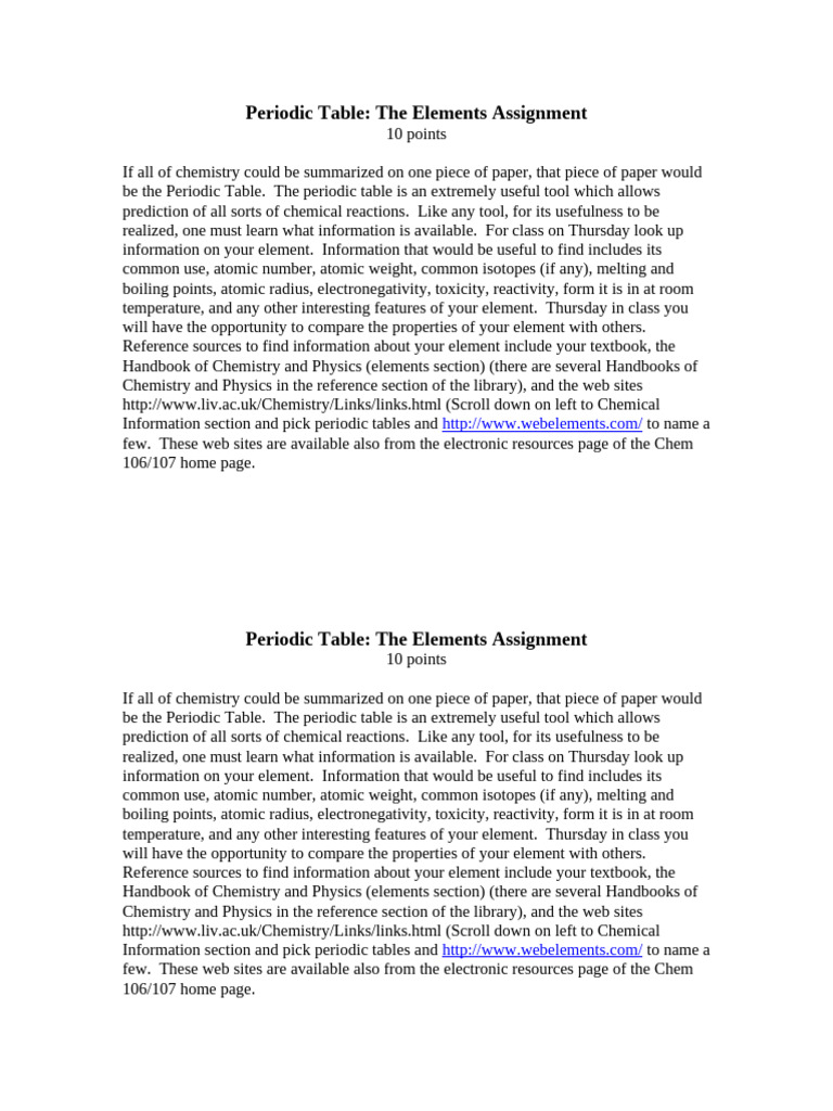 Periodic Table The Elements Assignment | PDF | Chemical Elements ...