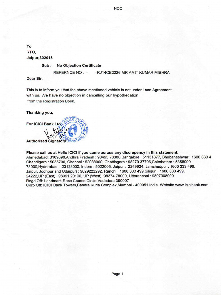 Noc Icici Rj14 Cb 2226 | PDF