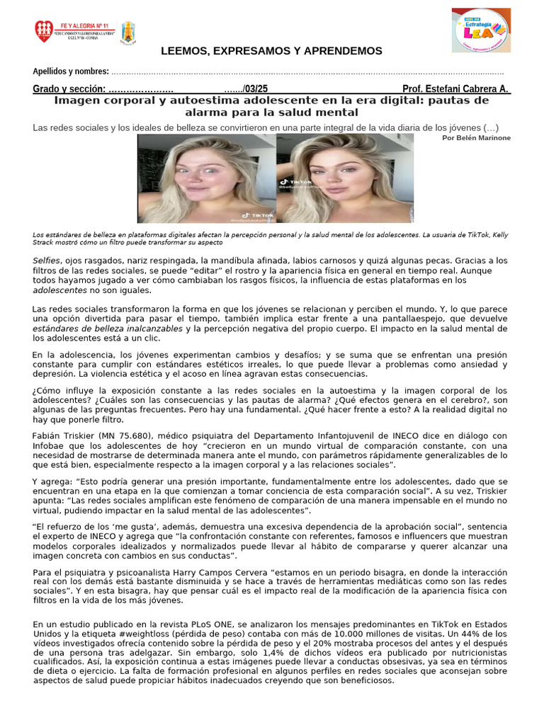 SEMANA 1. VII CICLO.IMAGEN CORPORAL Y AUTOESTIMA | PDF | Belleza | Adolescencia