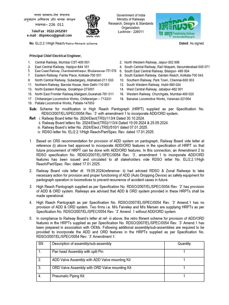 Scheme For Modification in High Reach Pantograph (HRPT) of Faiveley and ...
