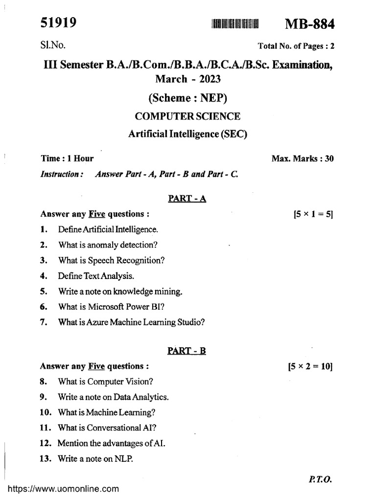 Ba Bcom Bba Bca BSC 3 Sem Artificial Intelligence MB 884 Mar 2023 | PDF