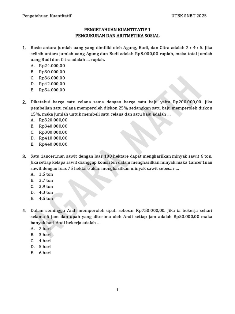 Pengetahuan Kuantitatif 1 AGARA MATH UTBK SNBT 2025 | PDF
