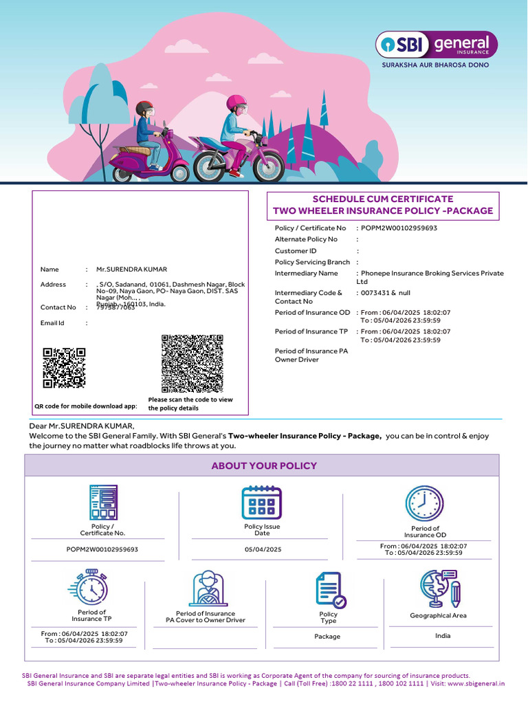 SBI Two-Wheeler Insurance Policy Details | PDF | Insurance | Deductible