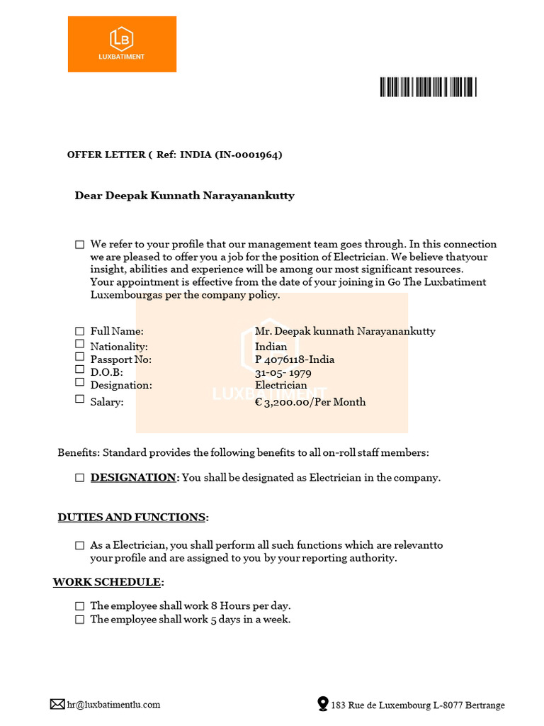 Deepak Kunnath Narayanankutty Offer Letter | PDF | Employment | Salary