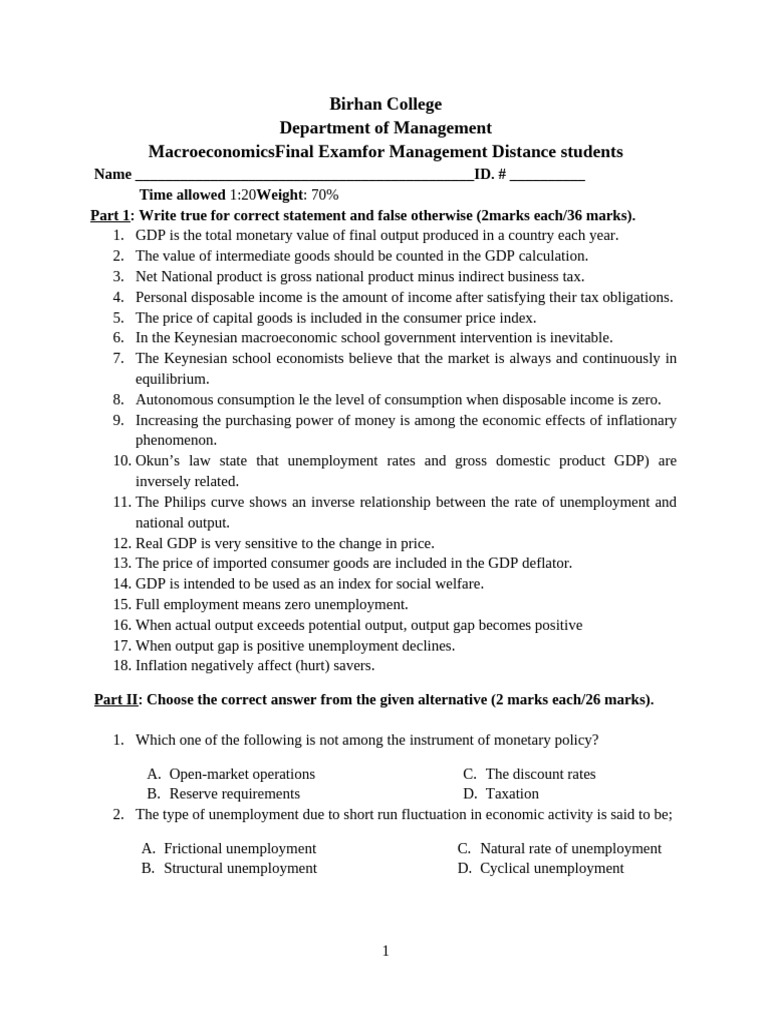 Macroeconomics Final Exam | PDF | Gross Domestic Product | Macroeconomics