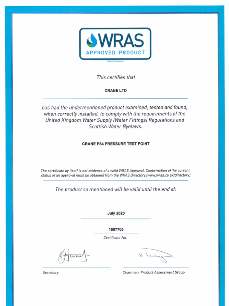 WRAS Cert CraneFS P84 Test Points-07-20 | PDF