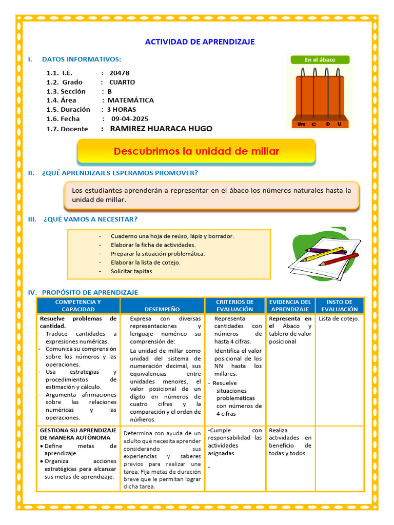 DIA MIERCOLES 09 DE ABRIL SESION MAT. Descubrimos la unidad de millar ...